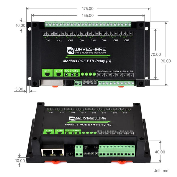 Dual Ethernet PoE 8-Channel Modbus Relay Module - The Pi Hut