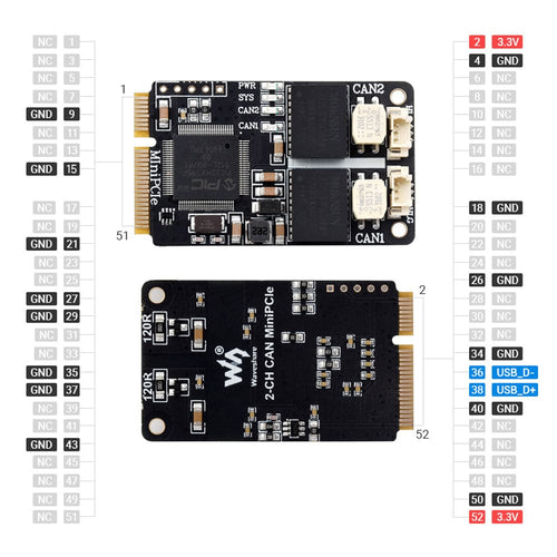 Mini PCIe 2-Channel CAN Card with USB Adapter - The Pi Hut
