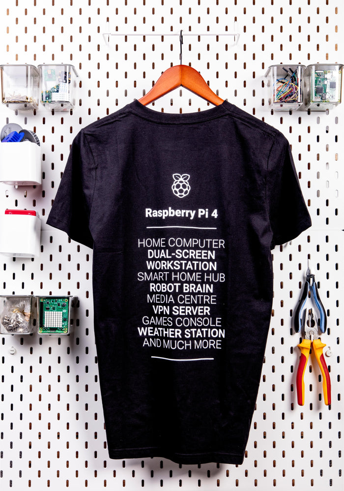 Black Raspberry Pi "Pi 4" T-shirt (Adult Size) [Discontinued] - The Pi Hut