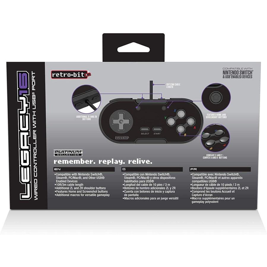 Retro-Bit Legacy16 Wired USB Controller - Onyx [Discontinued] - The Pi Hut