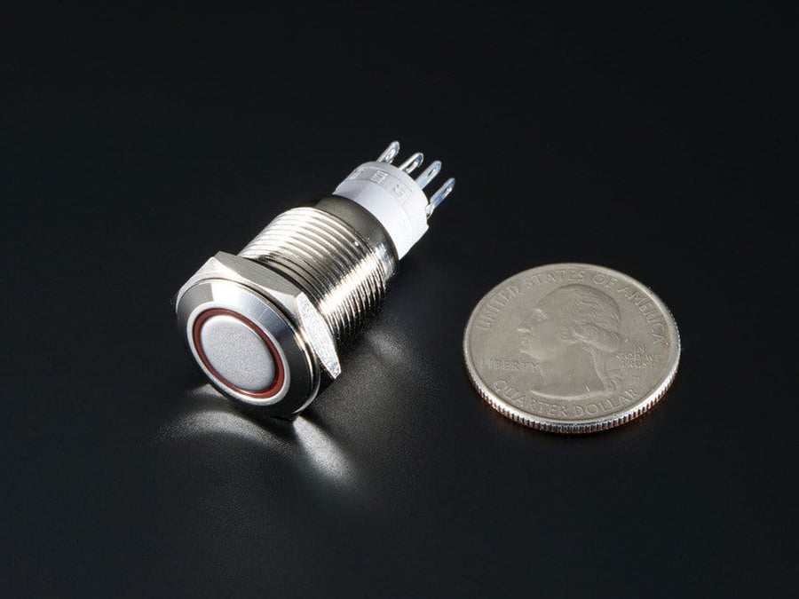 Rugged Metal Pushbutton with Red LED Ring (16mm Red Momentary) - The Pi Hut